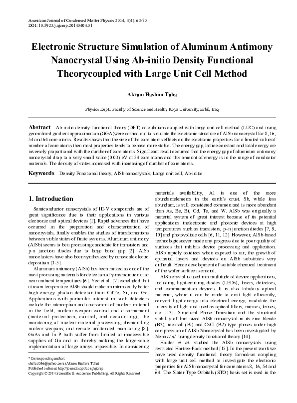 (PDF) electronic structure simulation of Aluminum Antimony nanocrystal using Ab-initio density ...