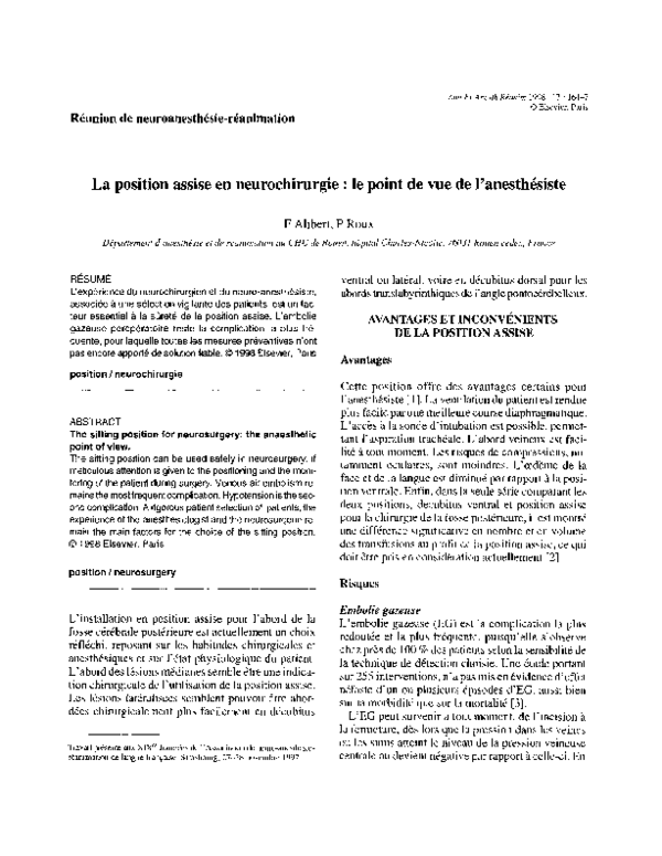 (PDF) La position assise en neurochirurgie: le point de vue de l ...