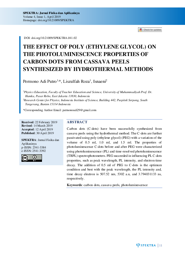 (PDF) THE EFFECT OF POLY (ETHYLENE GLYCOL) ON THE PHOTOLUMINESCENCE PROPERTIES OF CARBON DOTS ...