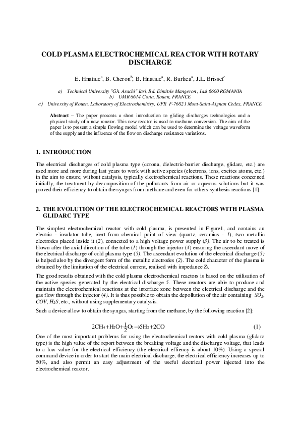 (PDF) Cold Plasma Electrochemical Reactor with Rotary Discharge