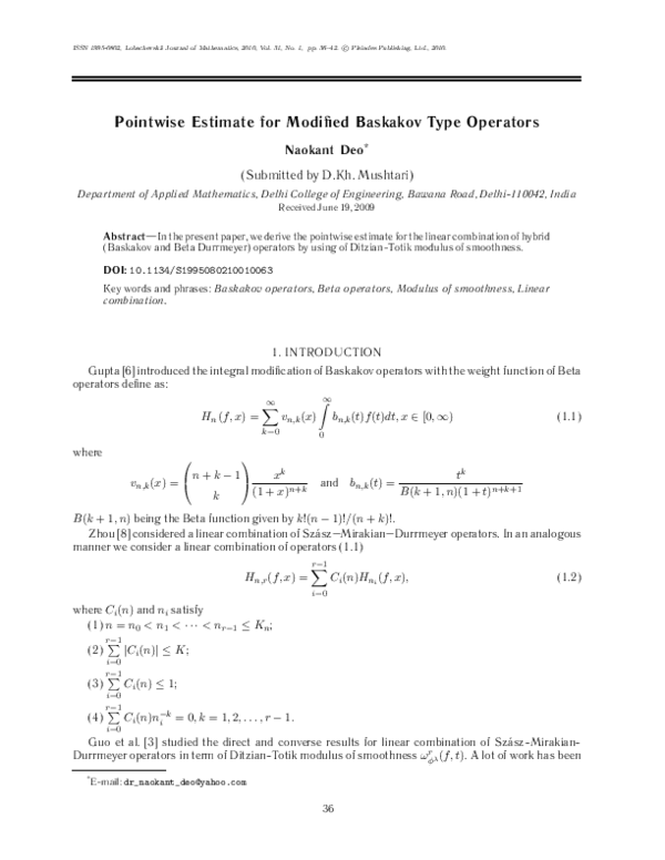 Pdf Pointwise Estimate For Modified Baskakov Type Operators Naokant Deo