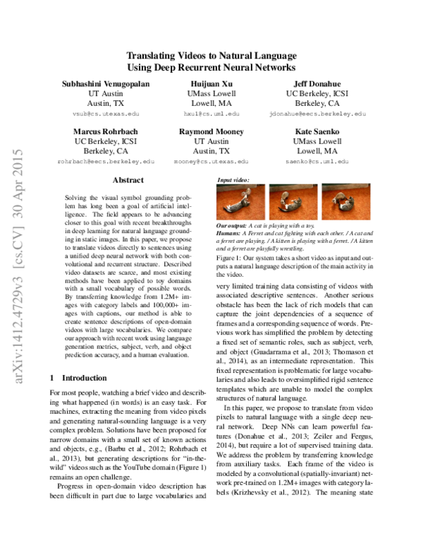 (PDF) Translating Videos to Natural Language Using Deep Recurrent ...