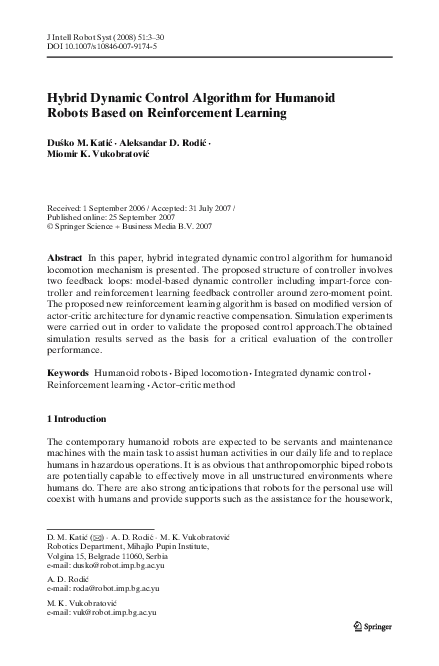 Pdf Hybrid Dynamic Control Algorithm For Humanoid Robots Based On Reinforcement Learning Sci 