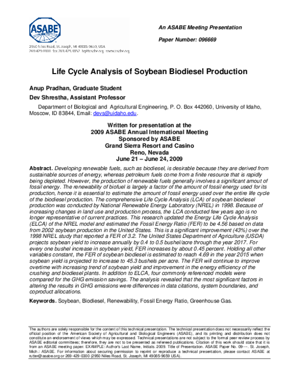 (PDF) Life Cycle Analysis of Soybean Biodiesel Production