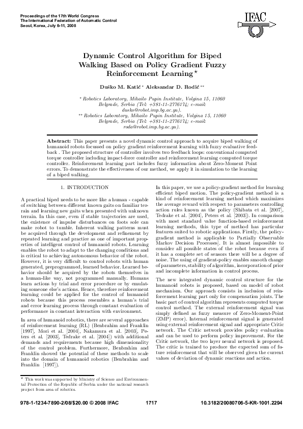 Pdf Dynamic Control Algorithm For Biped Walking Based On Policy Gradient Fuzzy Reinforcement