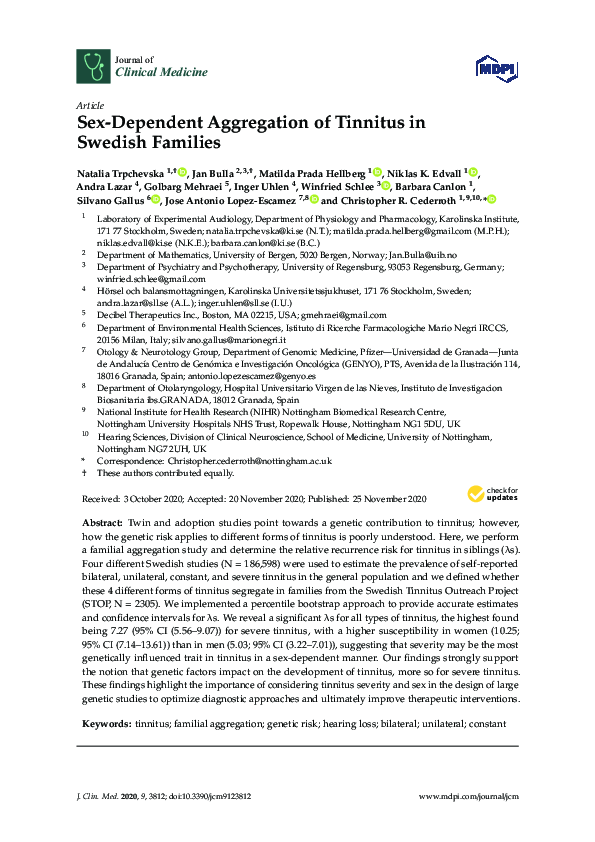 Pdf Sex Dependent Aggregation Of Tinnitus In Swedish Families Jan Bulla 