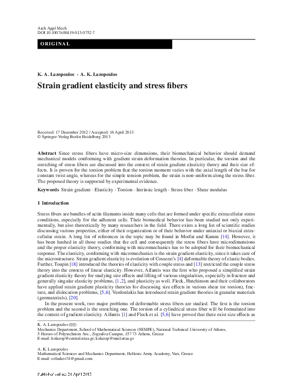(PDF) Strain gradient elasticity and stress fibers