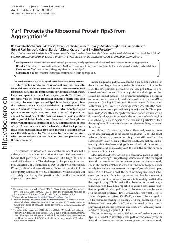 (PDF) Yar1 Protects the Ribosomal Protein Rps3 from Aggregation