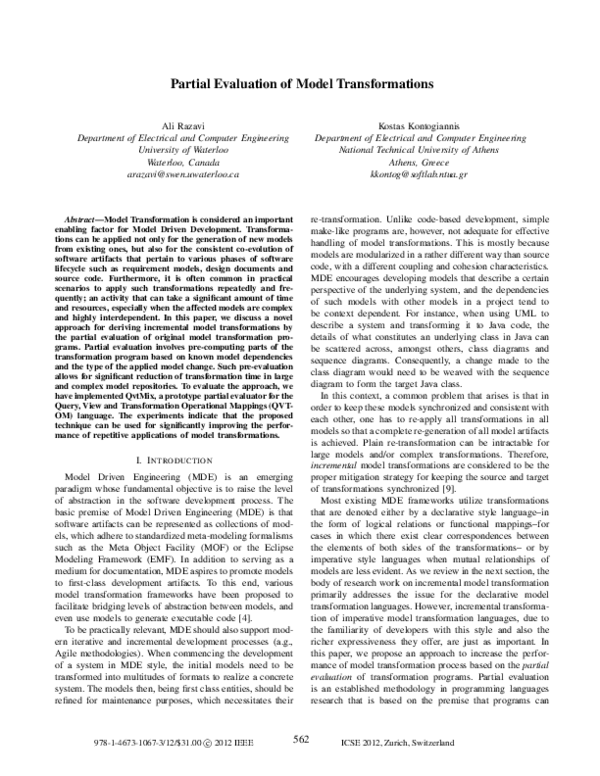 (PDF) Partial evaluation of model transformations