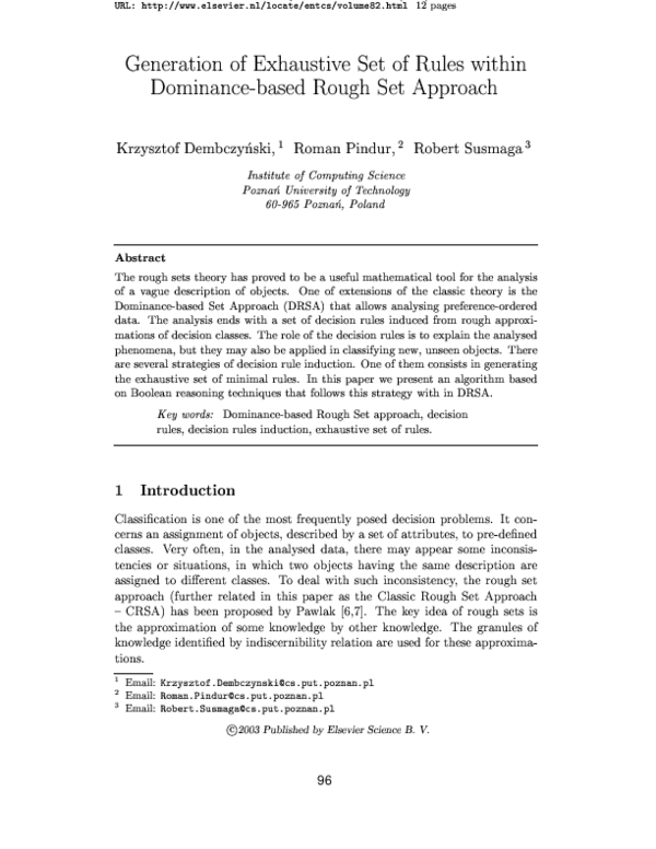 Pdf Generation Of Exhaustive Set Of Rules Within Dominance Based Rough Set Approach