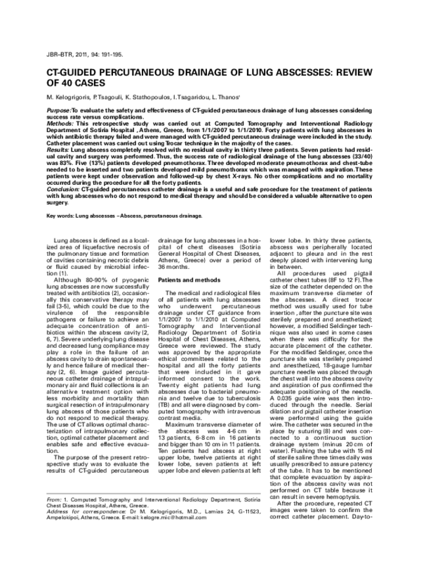 (PDF) CT-guided percutaneous drainage of lung abscesses: review of 40 cases