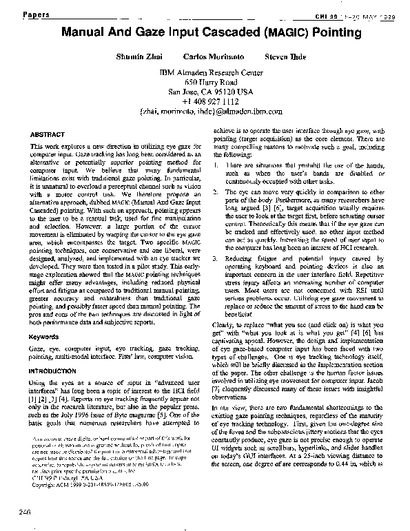 (PDF) Manual and gaze input cascaded (MAGIC) pointing
