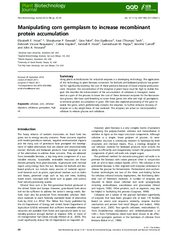 (PDF) Manipulating corn germplasm to increase recombinant protein ...