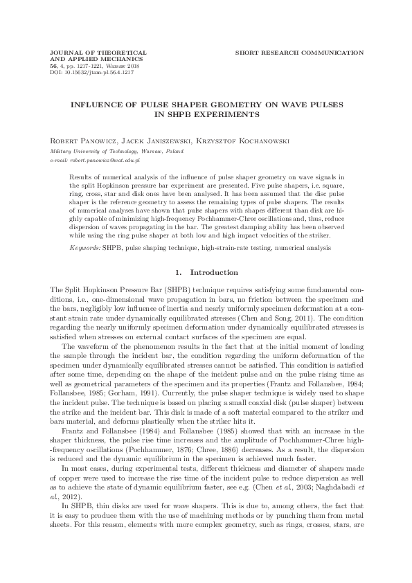 (PDF) Influence of pulse shaper geometry on wave pulses in SHPB experiments