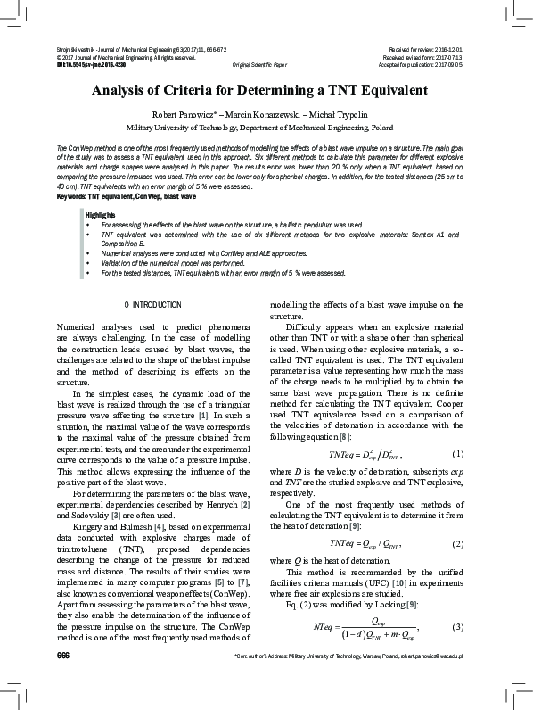 (PDF) Analysis of Criteria for Determining a TNT Equivalent