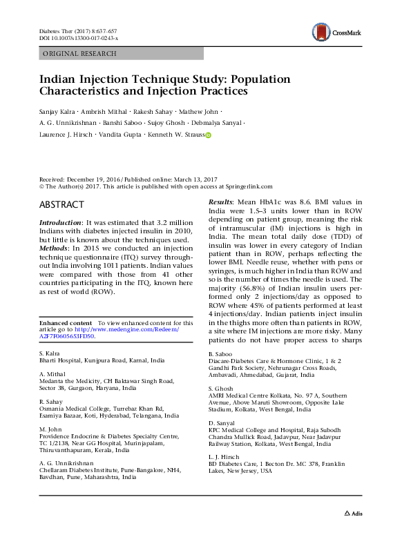 (PDF) Indian Injection Technique Study: Population Characteristics and ...