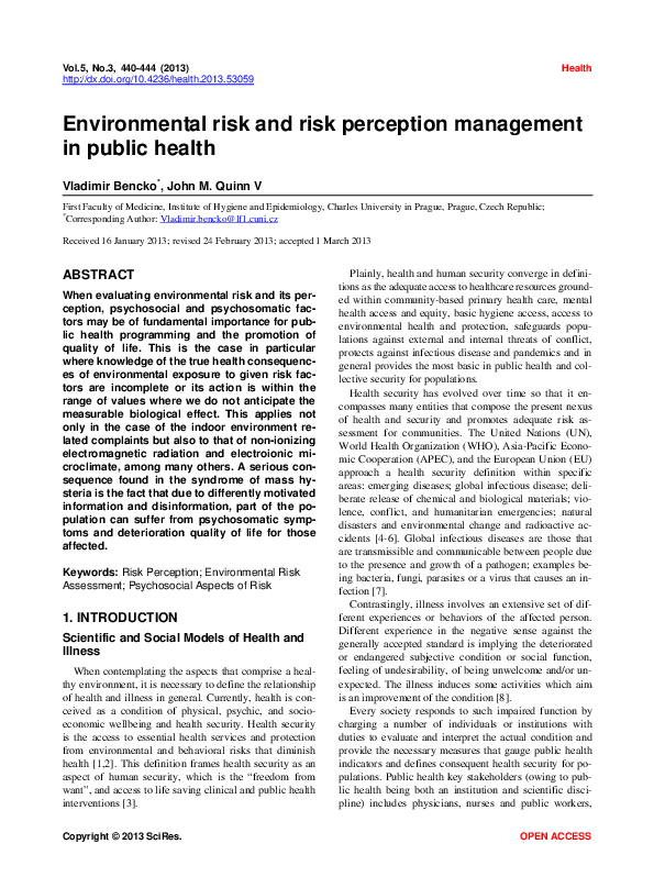 (PDF) Environmental risk and risk perception management in public health
