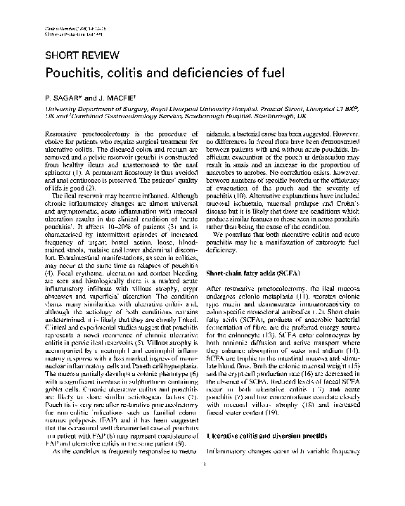 (PDF) Pouchitis, colitis and deficiencies of fuel