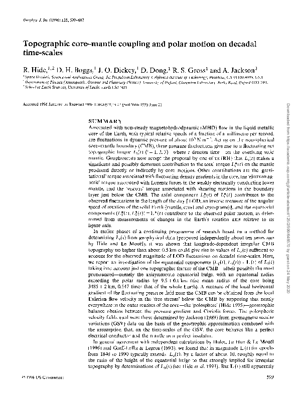 (PDF) Topographic Core-Mantle Coupling and Polar Motion On Decadal Time ...