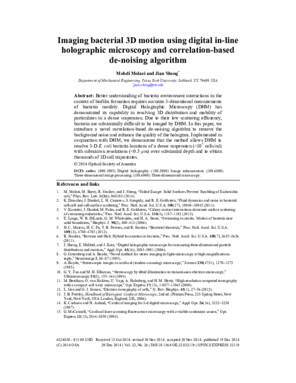 (PDF) Imaging bacterial 3D motion using digital in-line holographic ...