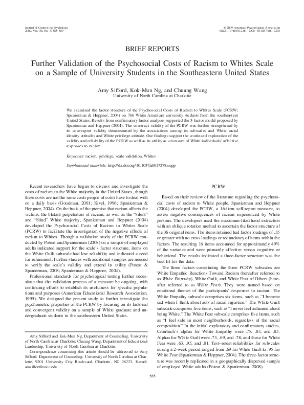 (PDF) Further validation of the Psychosocial Costs of Racism to Whites ...