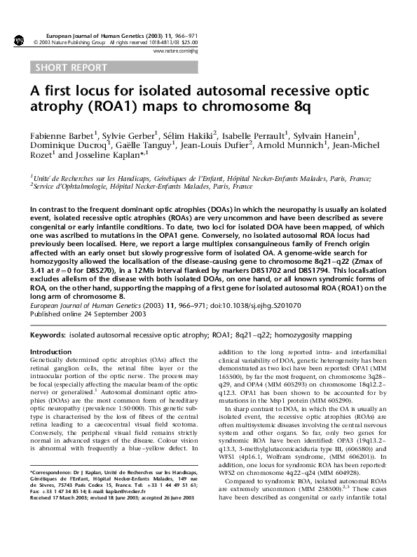 (PDF) A first locus for isolated autosomal recessive optic atrophy (ROA1) maps to chromosome 8q