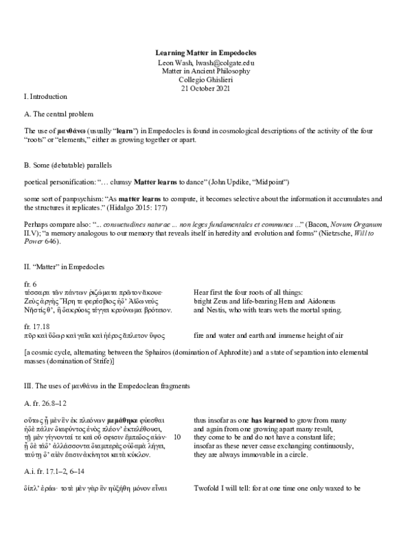 (PDF) Learning Matter in Empedocles (Handout)