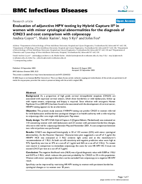 (PDF) Evaluation of adjunctive HPV testing by Hybrid Capture II in ...