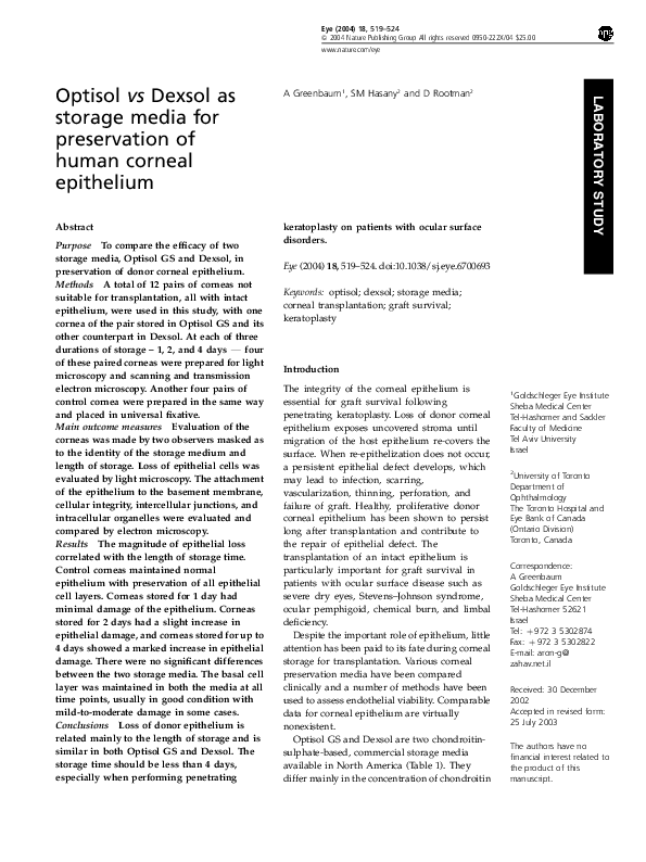 (PDF) Optisol vs Dexsol as storage media for preservation of human corneal epithelium | David ...