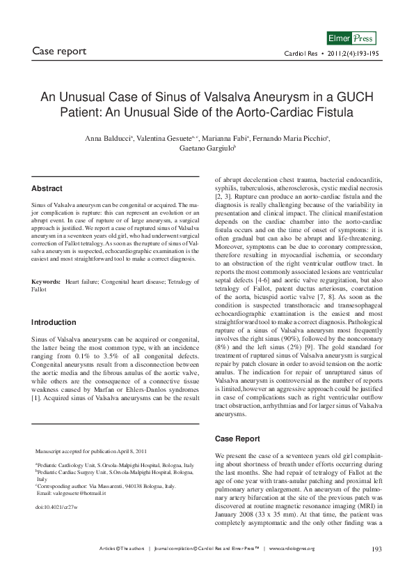 (PDF) An Unusual Case of Sinus of Valsalva Aneurysm in a GUCH Patient ...