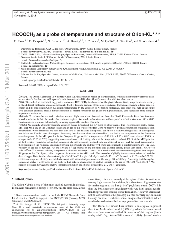 (PDF) HCOOCH3 as a probe of temperature and structure in Orion-KL