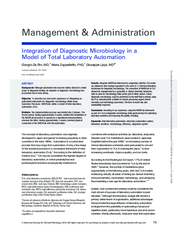 (PDF) Integration of Diagnostic Microbiology in a Model of Total ...