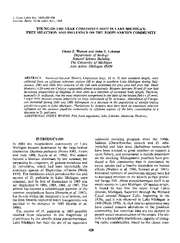 (PDF) Young-of-the-Year Coregonus Hoyi in Lake Michigan: Prey Selection ...
