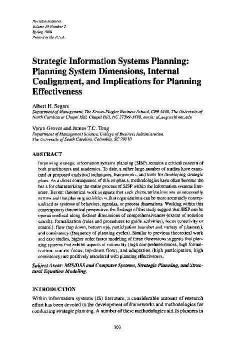 (PDF) Strategic Information Systems Planning: Planning System Dimensions, Internal Coalignment ...