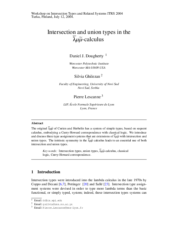 (PDF) Intersection and union types in the ? e -calculus