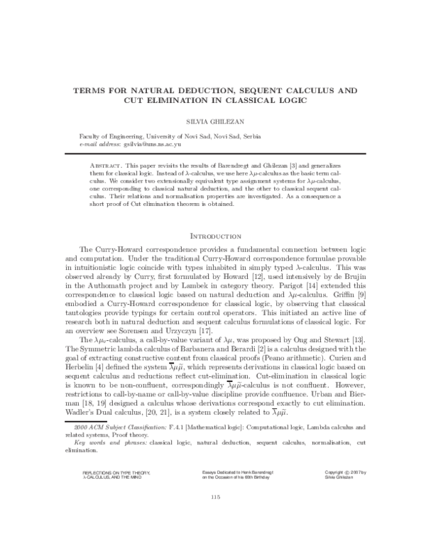 (PDF) Terms for natural deduction, sequent calculus and cut elimination in classical logic