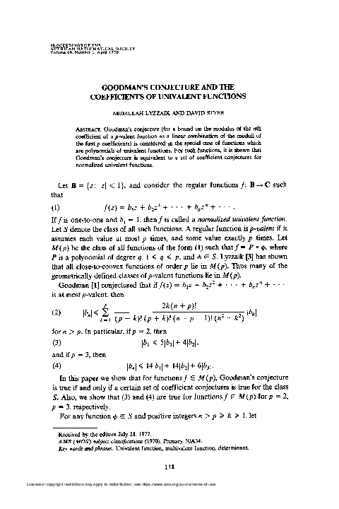 Pdf Goodmans Conjecture And The Coefficients Of Univalent Functions