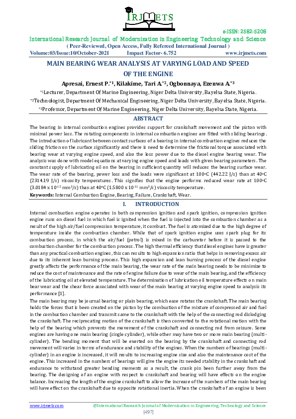 (PDF) MAIN BEARING WEAR ANALYSIS AT VARYING LOAD AND SPEED OF THE ENGINE