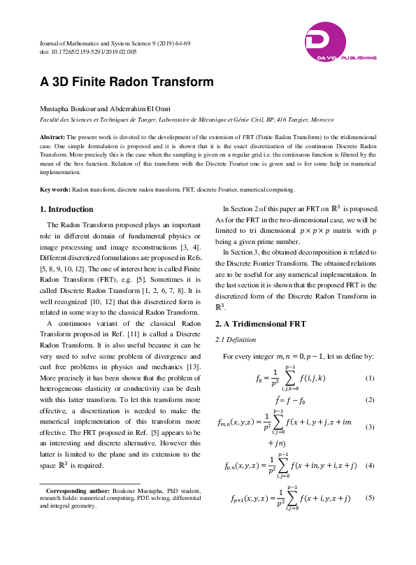 (PDF) A 3D Finite Radon Transform | Abderrahim El Omri - Academia.edu