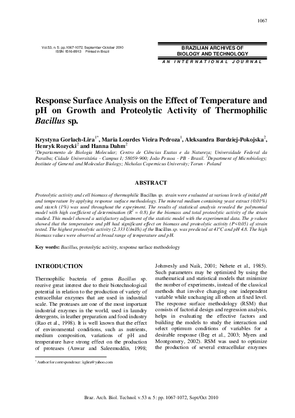 (PDF) Response Surface Analysis on the Effect of Temperature and pH on ...