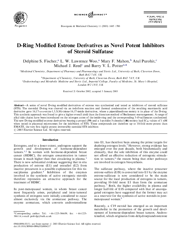 (PDF) D-Ring Modified Estrone Derivatives as Novel Potent Inhibitors of ...