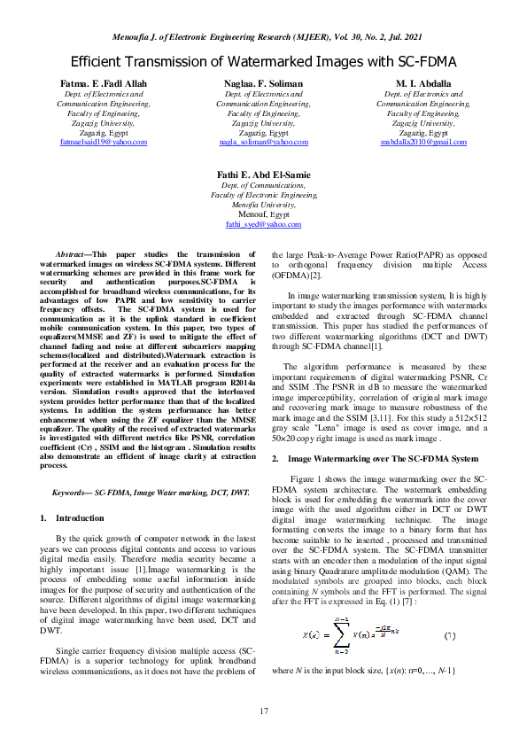 (PDF) Efficient Transmission of Watermarked Images with SC-FDMA