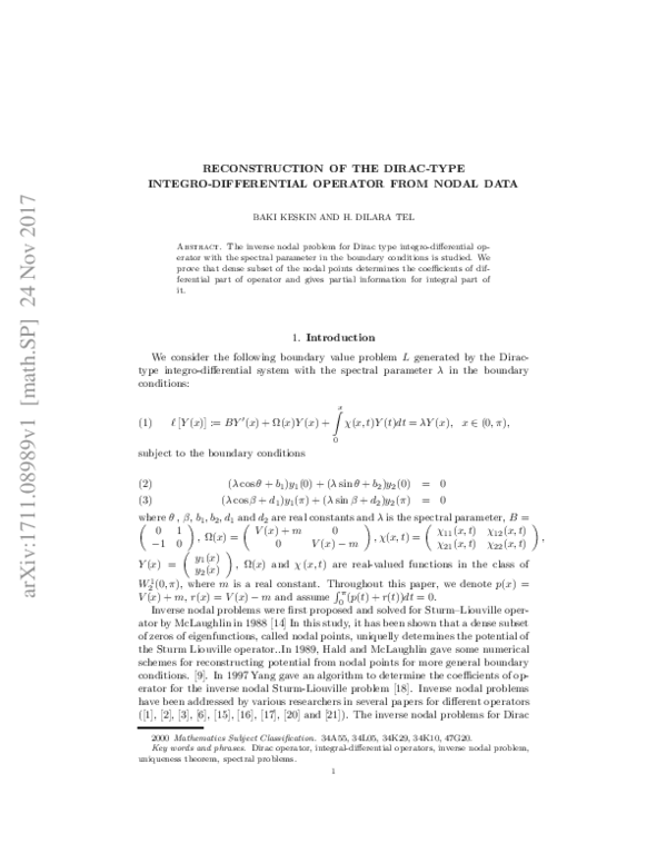(PDF) Reconstruction of the Dirac-Type Integro-Differential Operator From Nodal Data