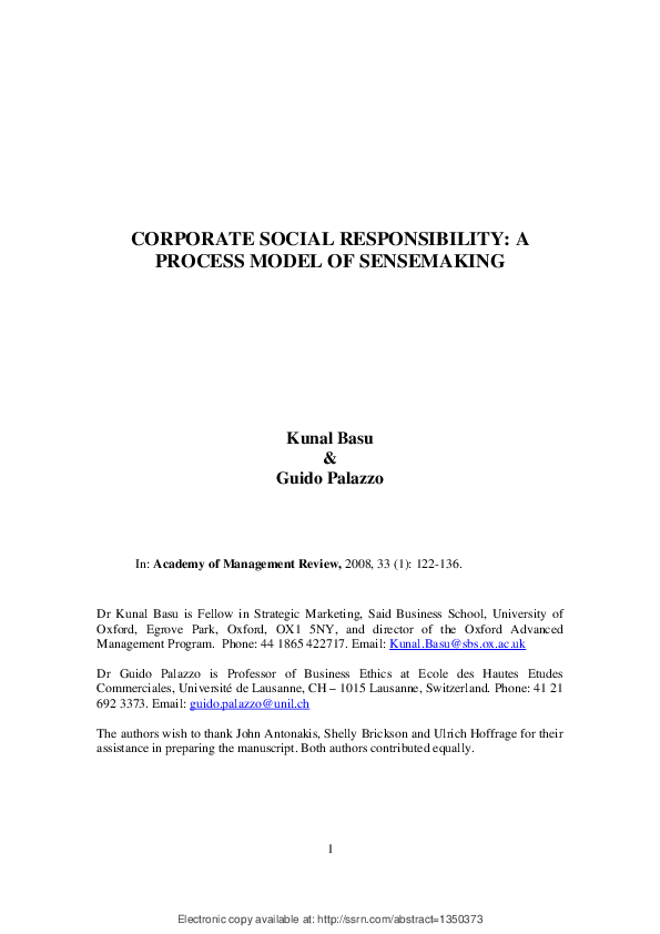(PDF) Corporate Social Responsibility: A Process Model of Sensemaking