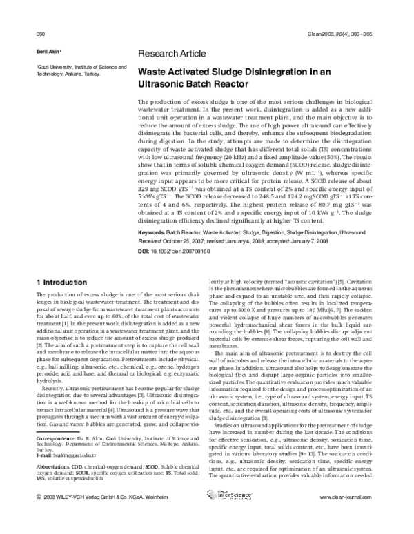 (PDF) Waste Activated Sludge Disintegration in an Ultrasonic Batch Reactor
