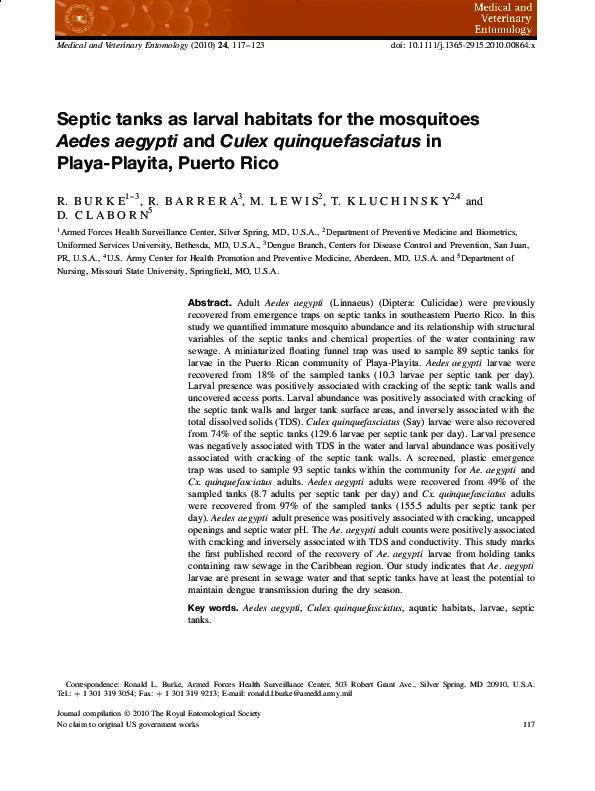 (PDF) Septic tanks as larval habitats for the mosquitoes Aedes aegypti ...
