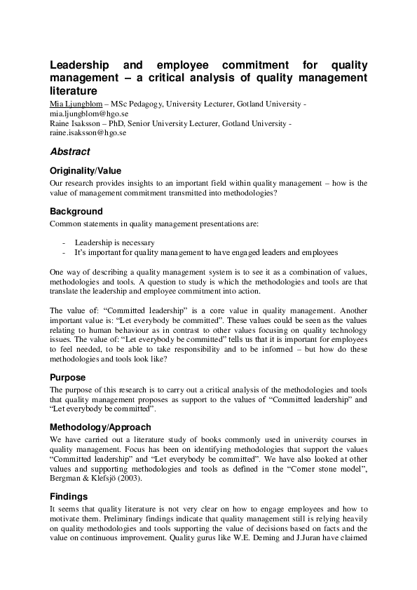 (PDF) Leadership and employee commitment for quality management :a ...