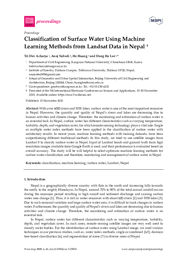 (PDF) Classification of Surface Water using Machine Learning Methods from Landsat Data in Nepal