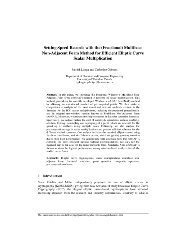 Pdf Setting Speed Records With The Fractional Multibase Non Adjacent Form Method For