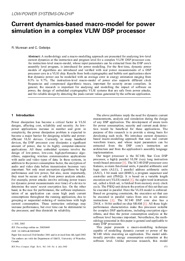 (PDF) Current dynamics-based macro-model for power simulation in a complex VLIW DSP processor